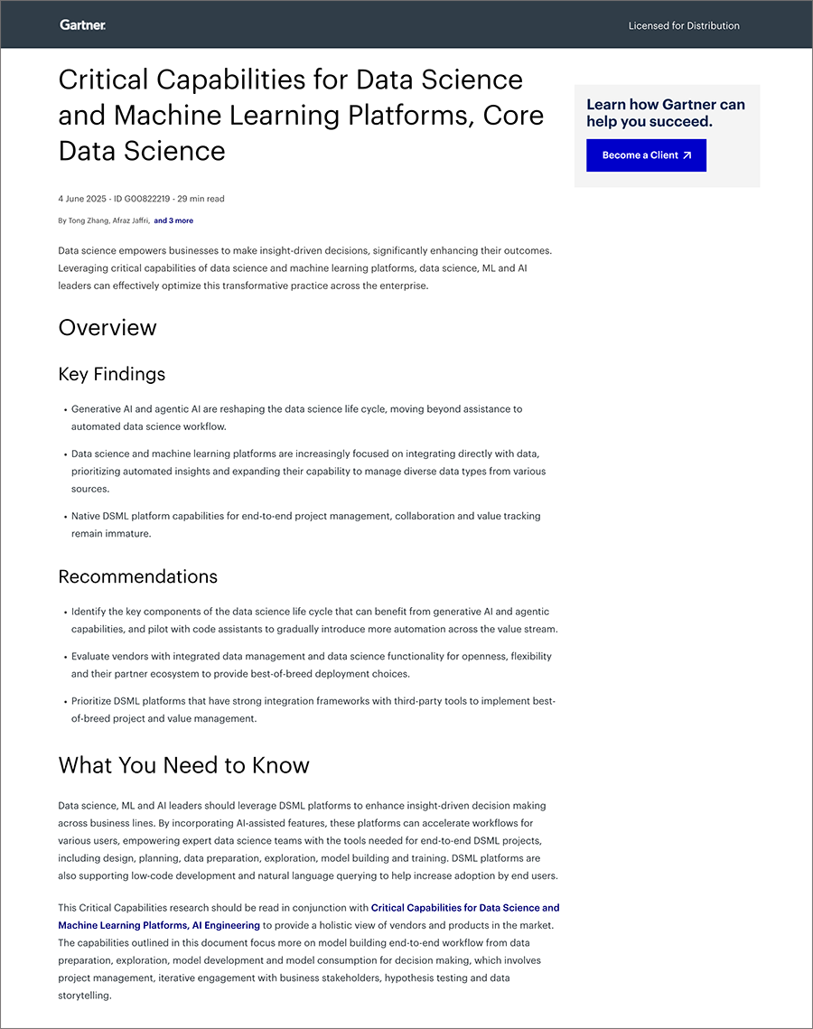 Gartner Critical Capabilities for DSML Platforms, Core Data Science